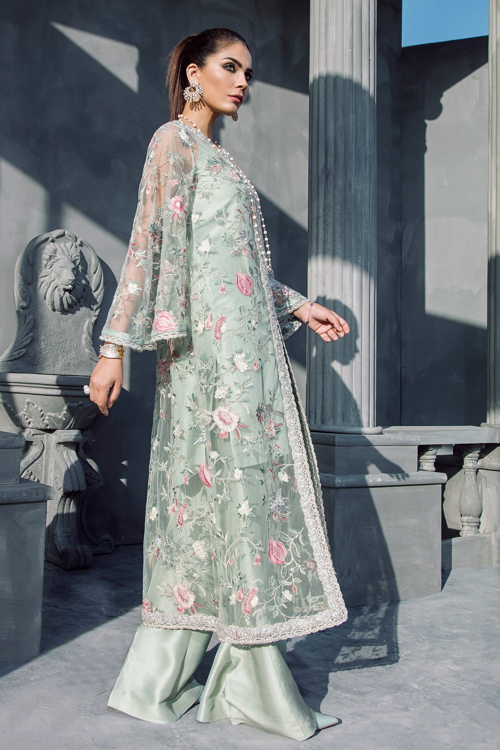 Mint Green Floral Beaded Long Jacket With Silk Inner & Boot Cut Pants ...