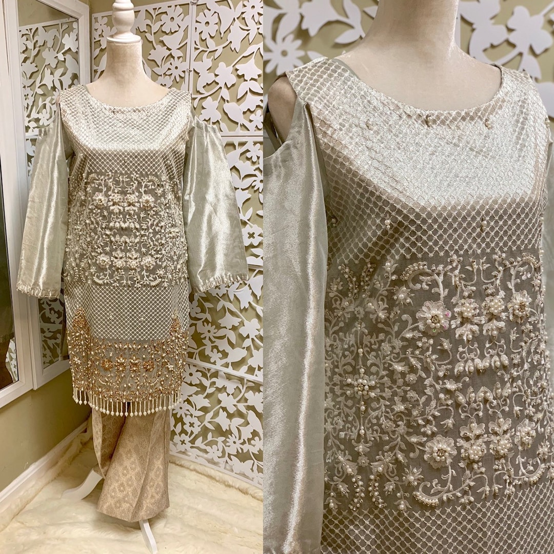 Tinseltown- Silver Tissue Kurta With Pearl Embroidery & Jamawar Trouser ...