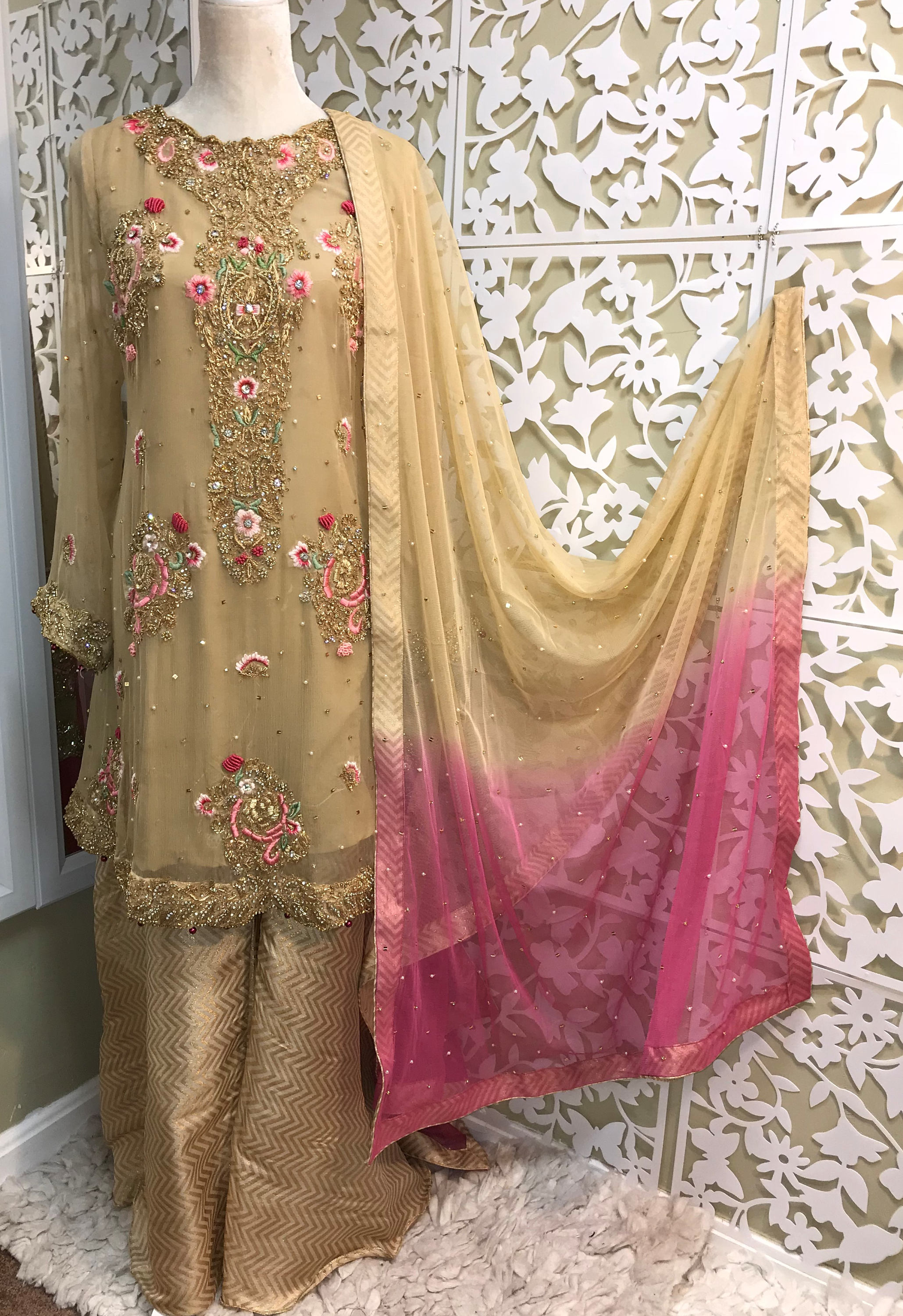 Mina Hasan Inspired Chiffon Dress, Floral Beaded Embroidery, Jamawar ...