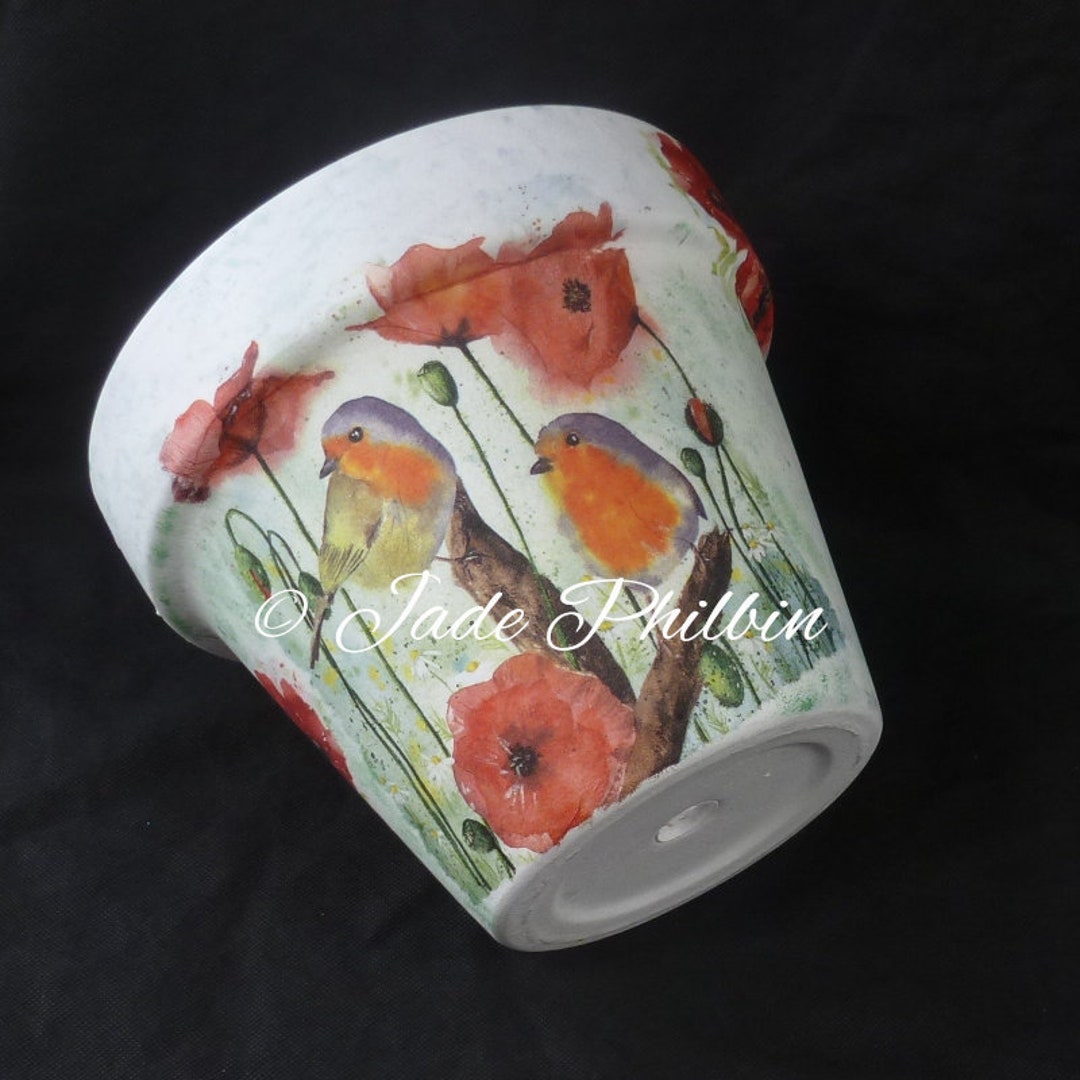 Decoupaged Flower Pot,outdoor Planter, Decoupaged Robin,robin Flower ...