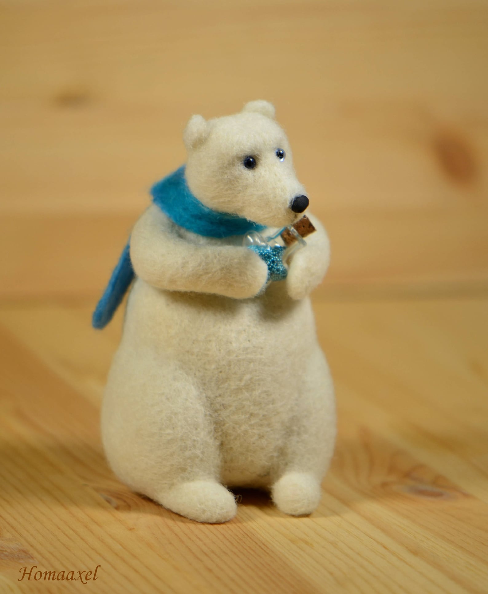 Needle Felted Toy Polar Bear, Small Wool Toy Polar Bear With a Blue ...