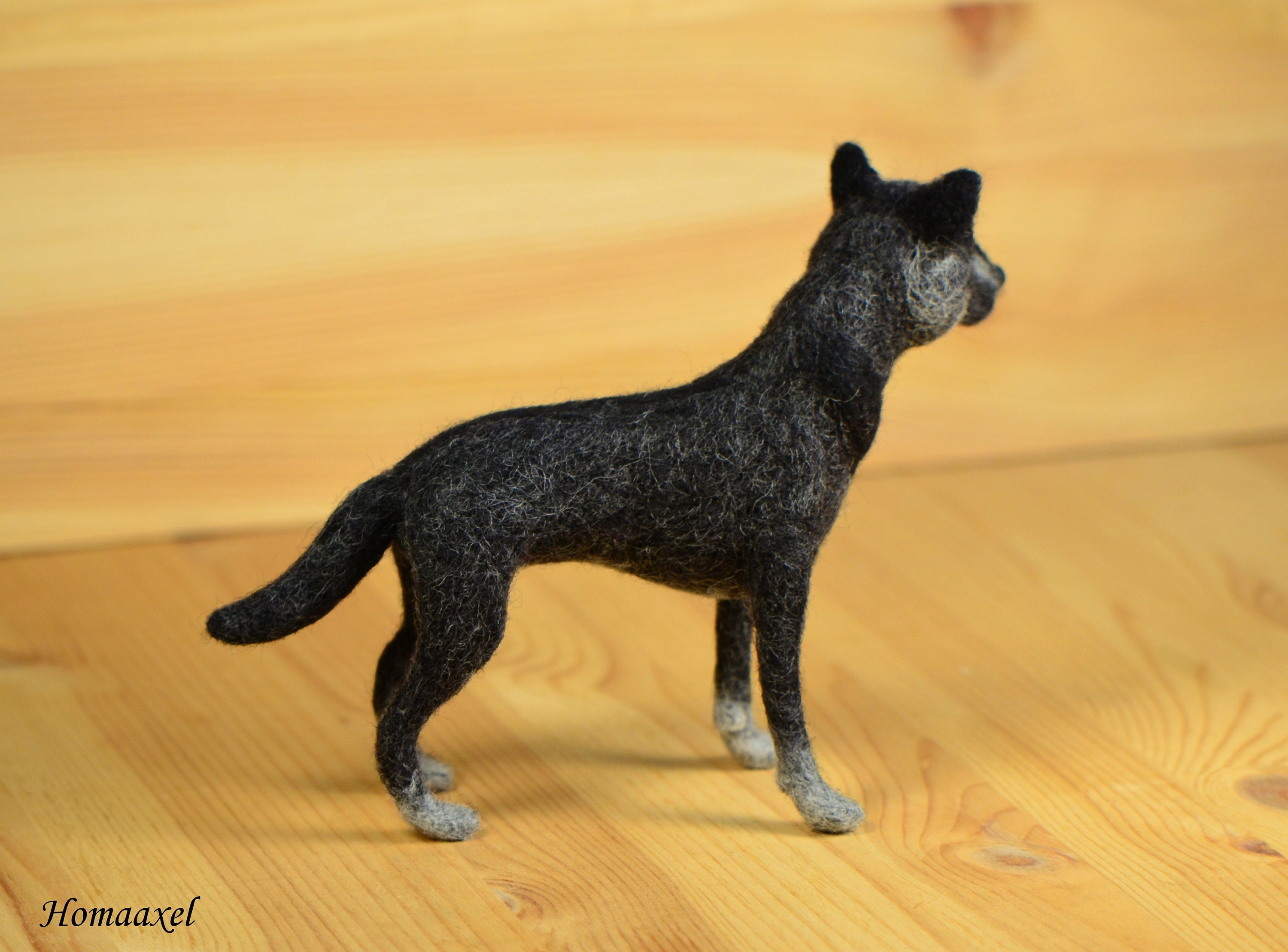 Needle Felted Toy Black Wolf, Handmade Small Wool Toy Black Wolf, Wool ...