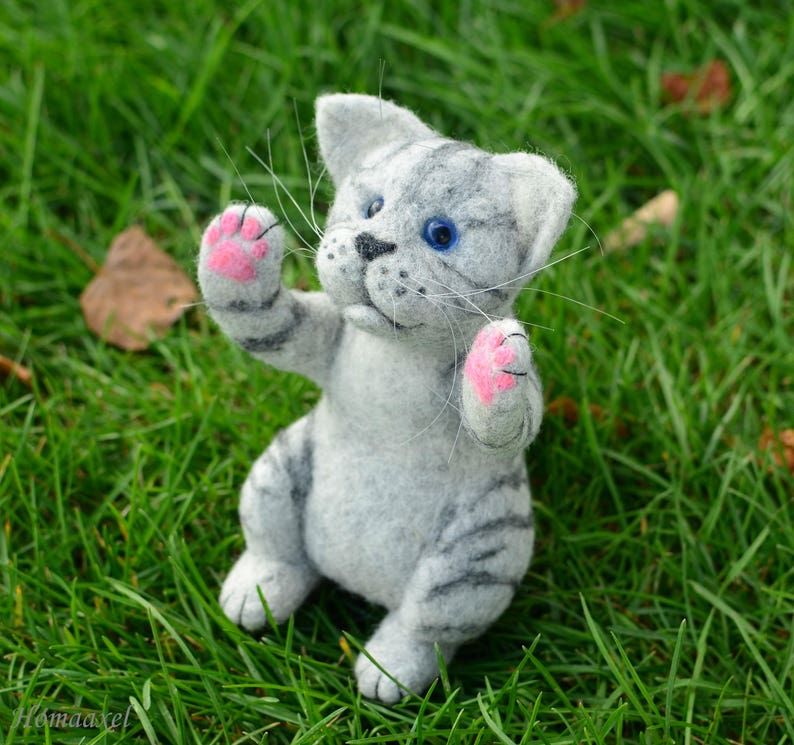 Needle Felted Toy Gray Striped Kitten With Blue Eyes, Small Wool Toy ...