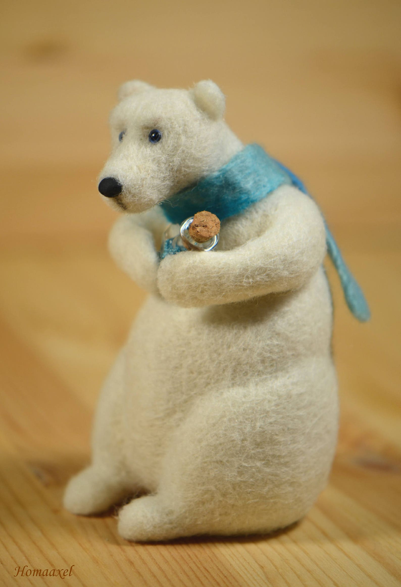 Needle Felted Toy Polar Bear, Small Wool Toy Polar Bear With a Blue ...