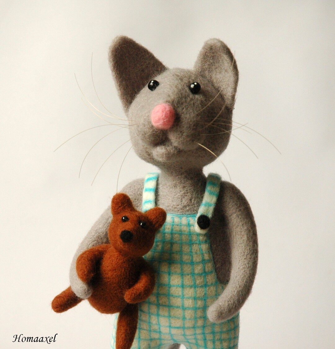Needle Felted Toy Mouse With Tiny Teddy Bear, Handmade Wool Sculpture ...