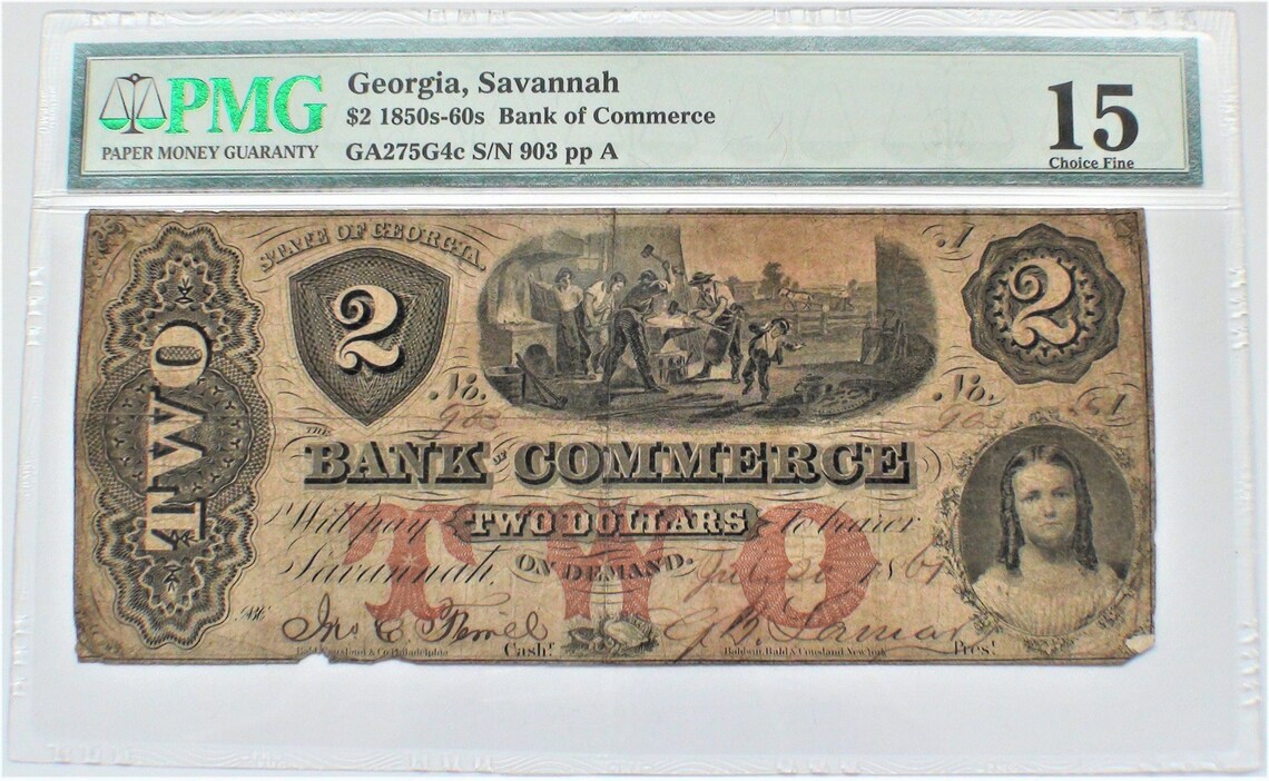 1850's-1860's US Two 2 Dollars Banknote, Georgia, Authenticated by PMG ...