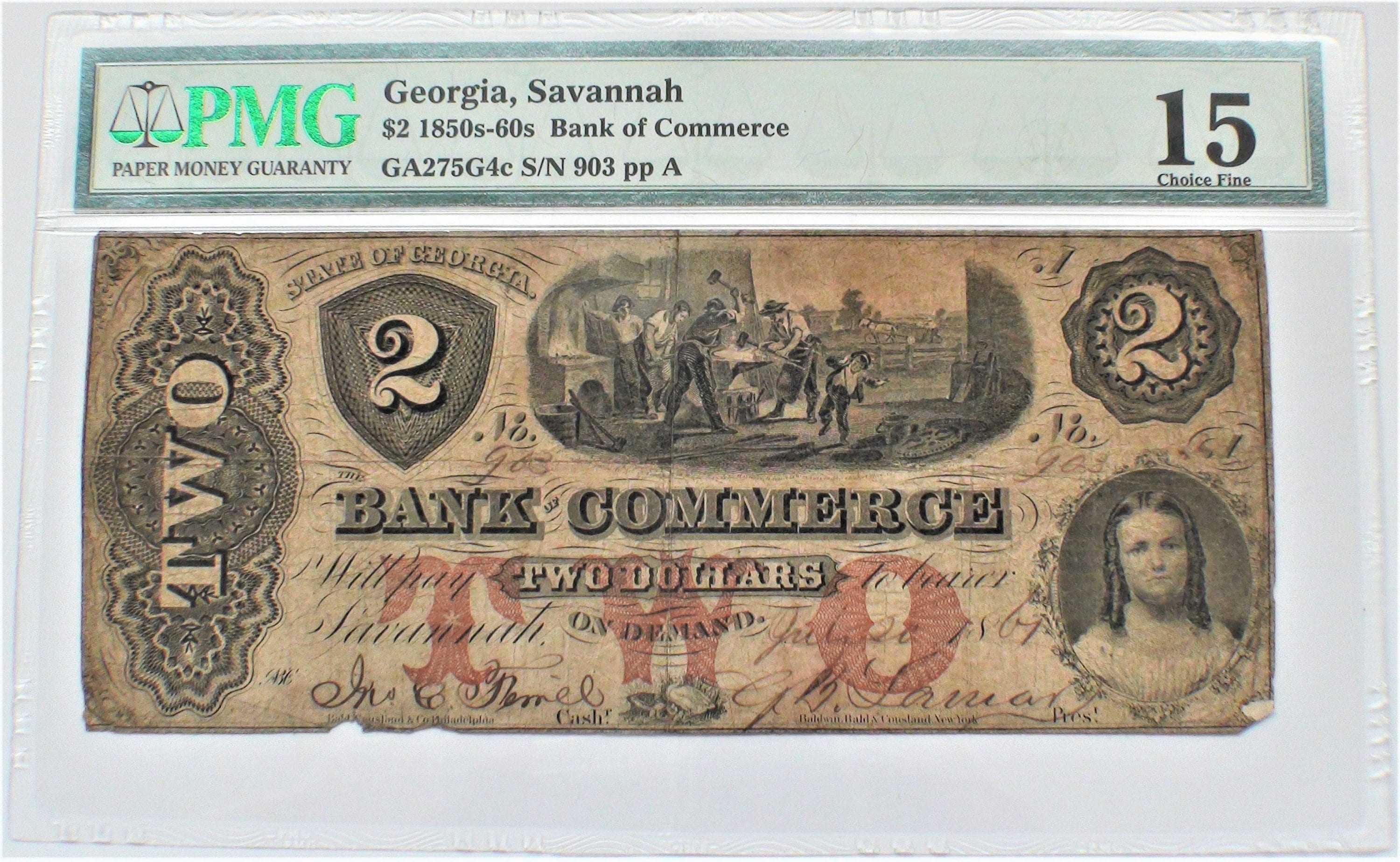 1850's-1860's US Two 2 Dollars Banknote, Georgia, Authenticated by PMG ...