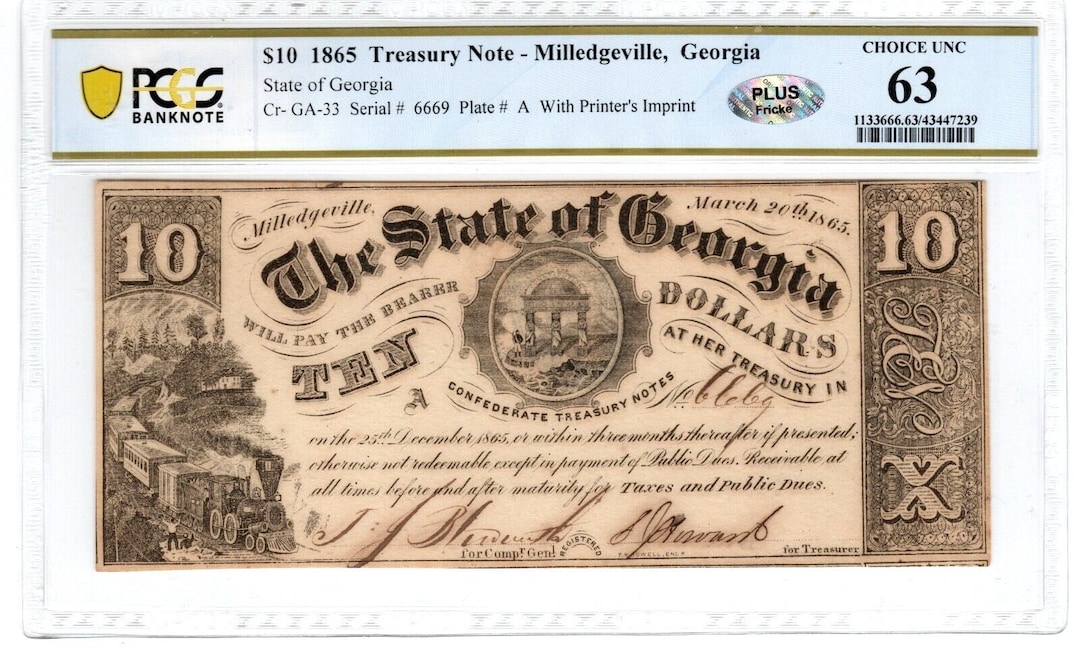 1865 US Georgia Ten 10 Dollars Authenticated Train Banknote, Old ...