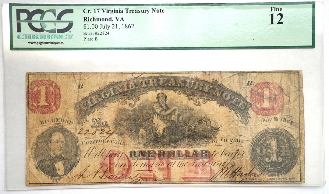 1862 US Virginia 1 One Dollar Civil War Bill Treasury Banknote, Antique ...