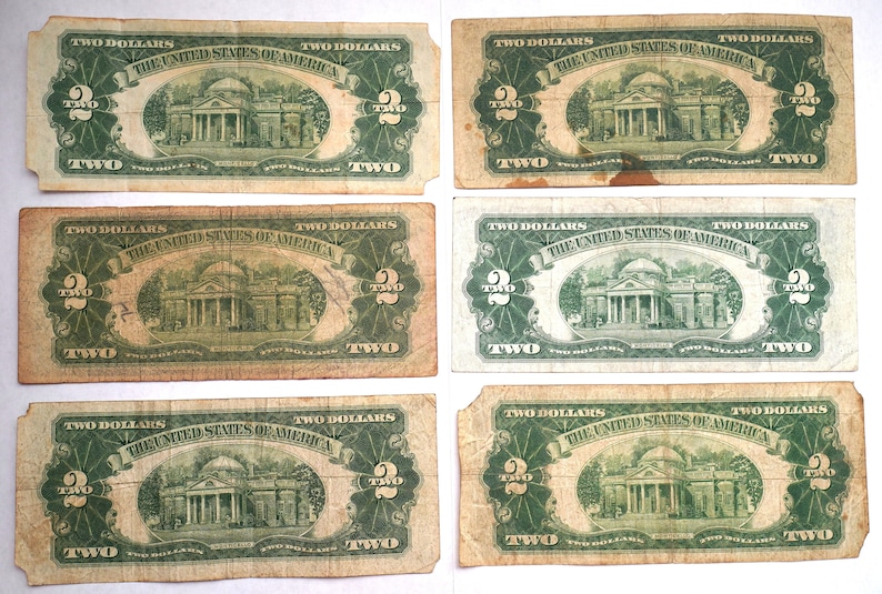 Three 3 Notes, Series 1928 Big Red Seal Two 2 Dollar US Note Old Paper ...