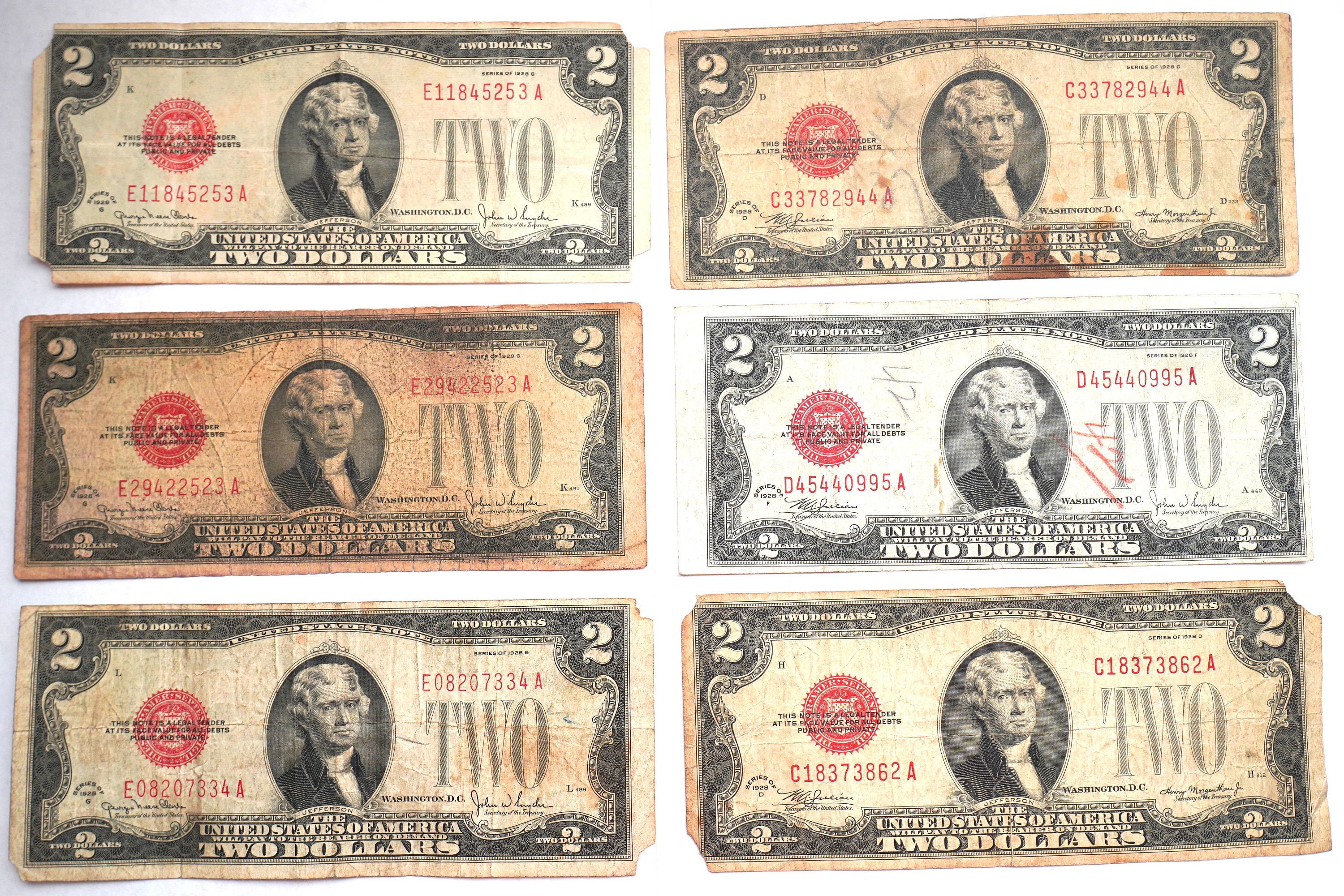 Three (3) Notes, Series 1928 Big Red Seal Two 2 Dollar US Note Old ...