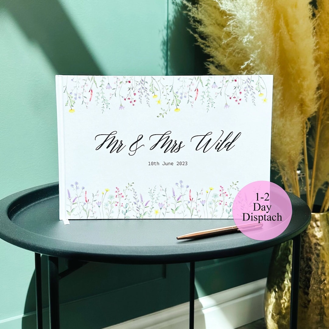Wildflower Border Wedding Guest Book, Guest Book, Personalised ...