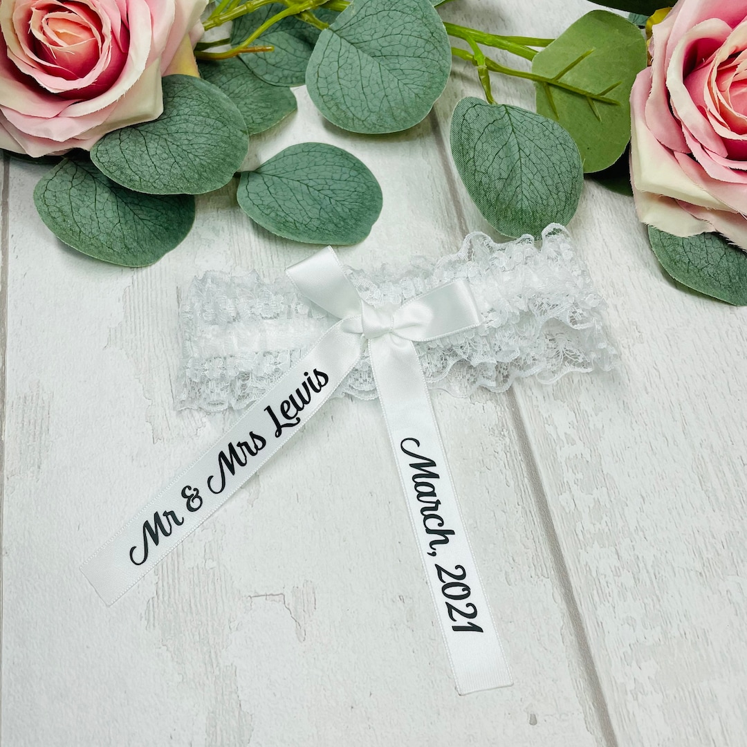 Personalised Wedding Garter, Bridal Lace Garter, Custom Date & Name ...
