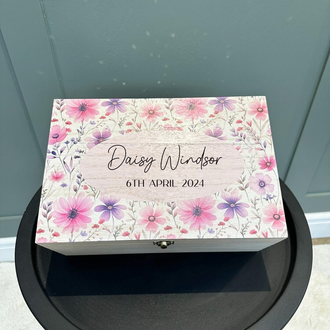 Floral Memory Box, Keepsake Box, Personalised Engraved Memory Box, Baby ...