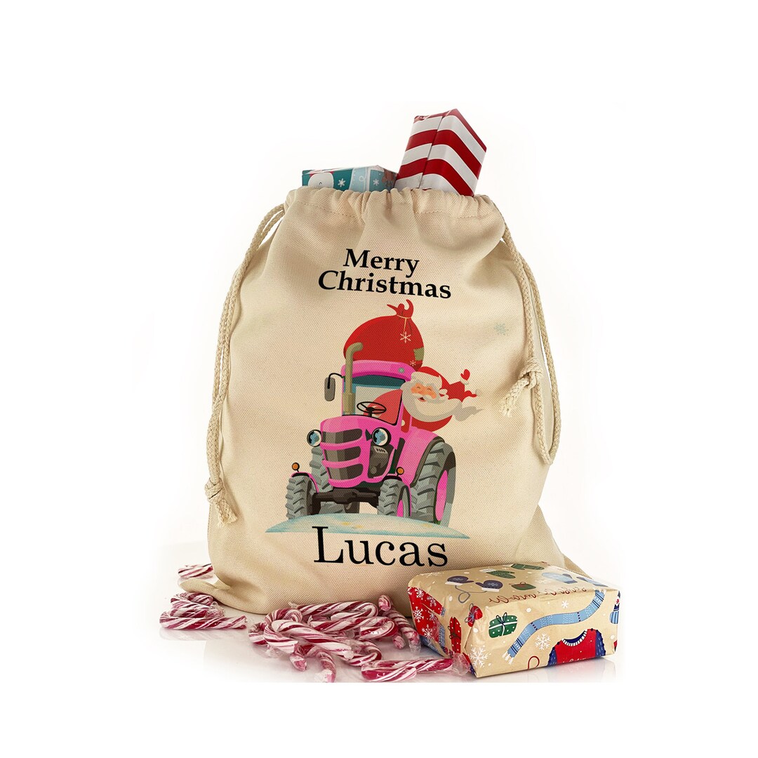 Personalised Christmas Sack, Pink Tractor Santa Design Drawstring Bag ...