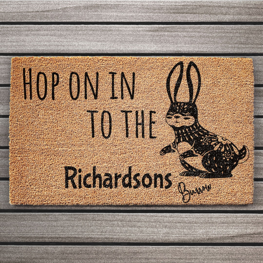 Custom Rabbit Coir Doormat With Hop on in and Name | Door Mat | Welcome ...
