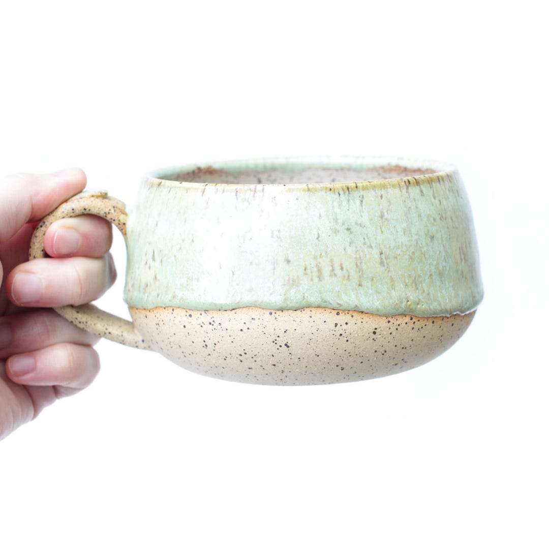 Seafoam Green Speckled Stoneware Shallow Coffee Mug: Handmade Ceramic ...