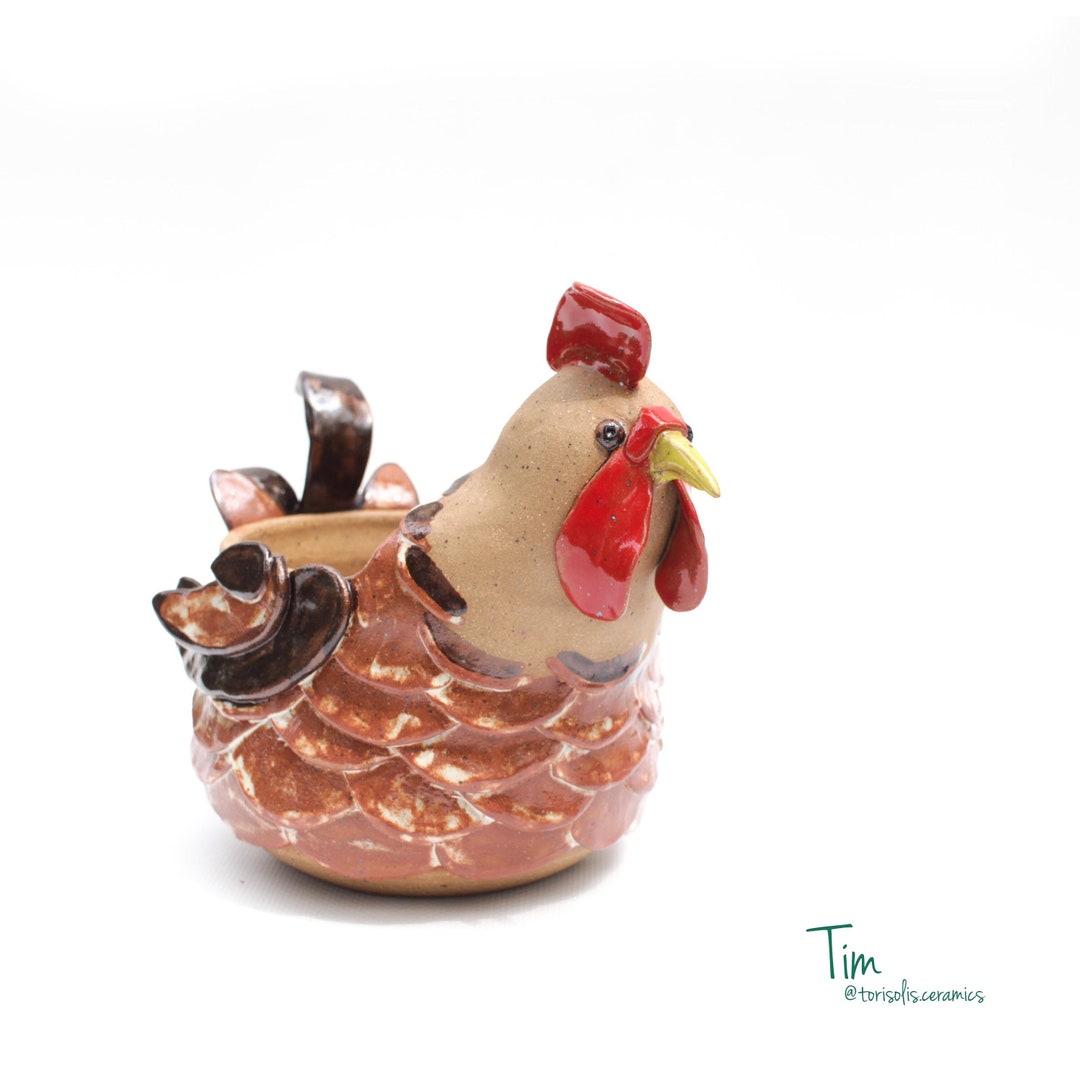 Rooster Planter | Ceramic Chicken Wheel Thrown Pot With Drainage ...