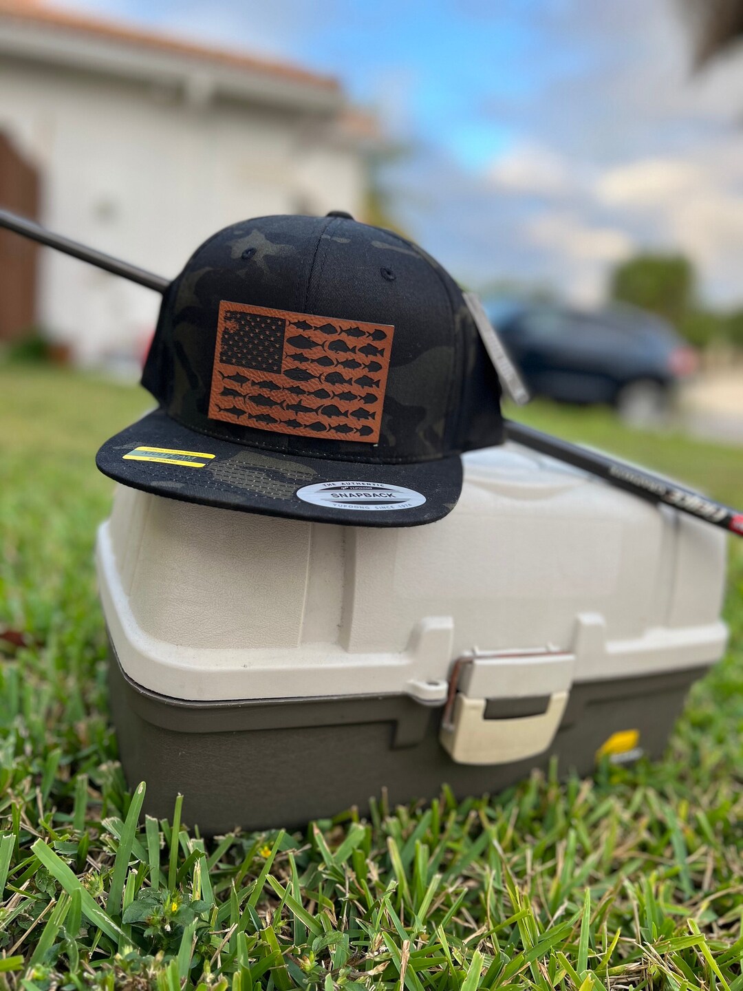 Fish Flag Leather Trucker Hat, Fishing Gift for Men, American Flag ...