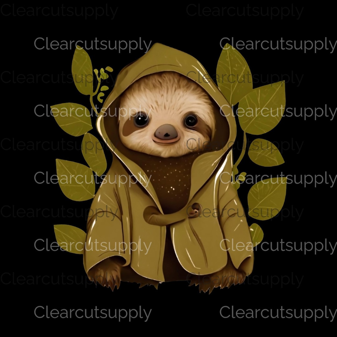 Cute Cartoon Sloth in Brown Hooded Coat Surrounded by Green Leaves ...