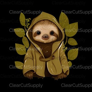 Cute Cartoon Sloth in Brown Hooded Coat Surrounded by Green Leaves ...