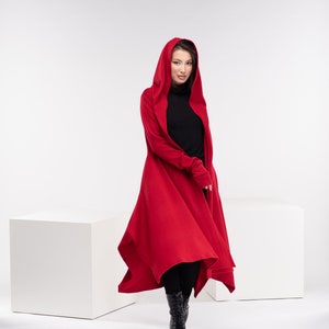 Long Red Cape Coat, Winter Wool Cloak, Cyberpunk Hoodie Cardigan, Knit ...
