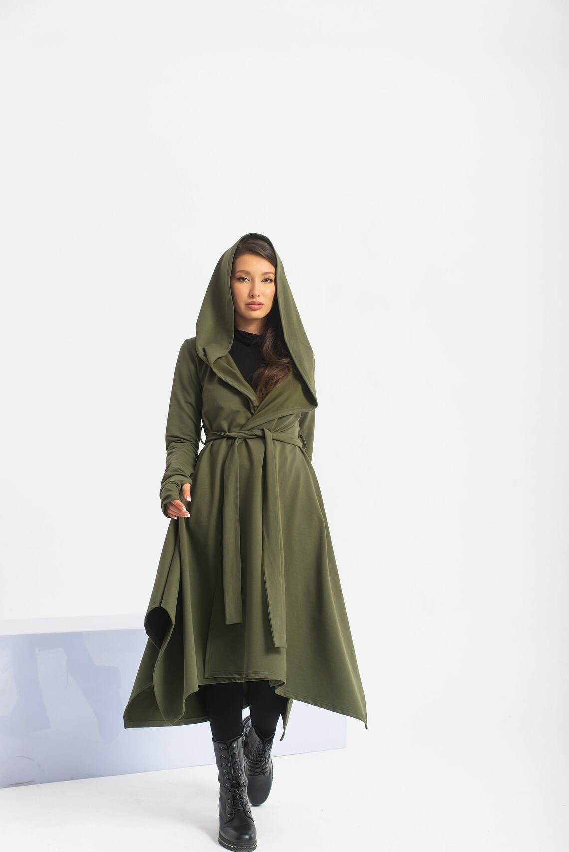 Hooded Green Cloak, Long Cyberpunk Hoodie, Asymmetrical Swing Coat ...