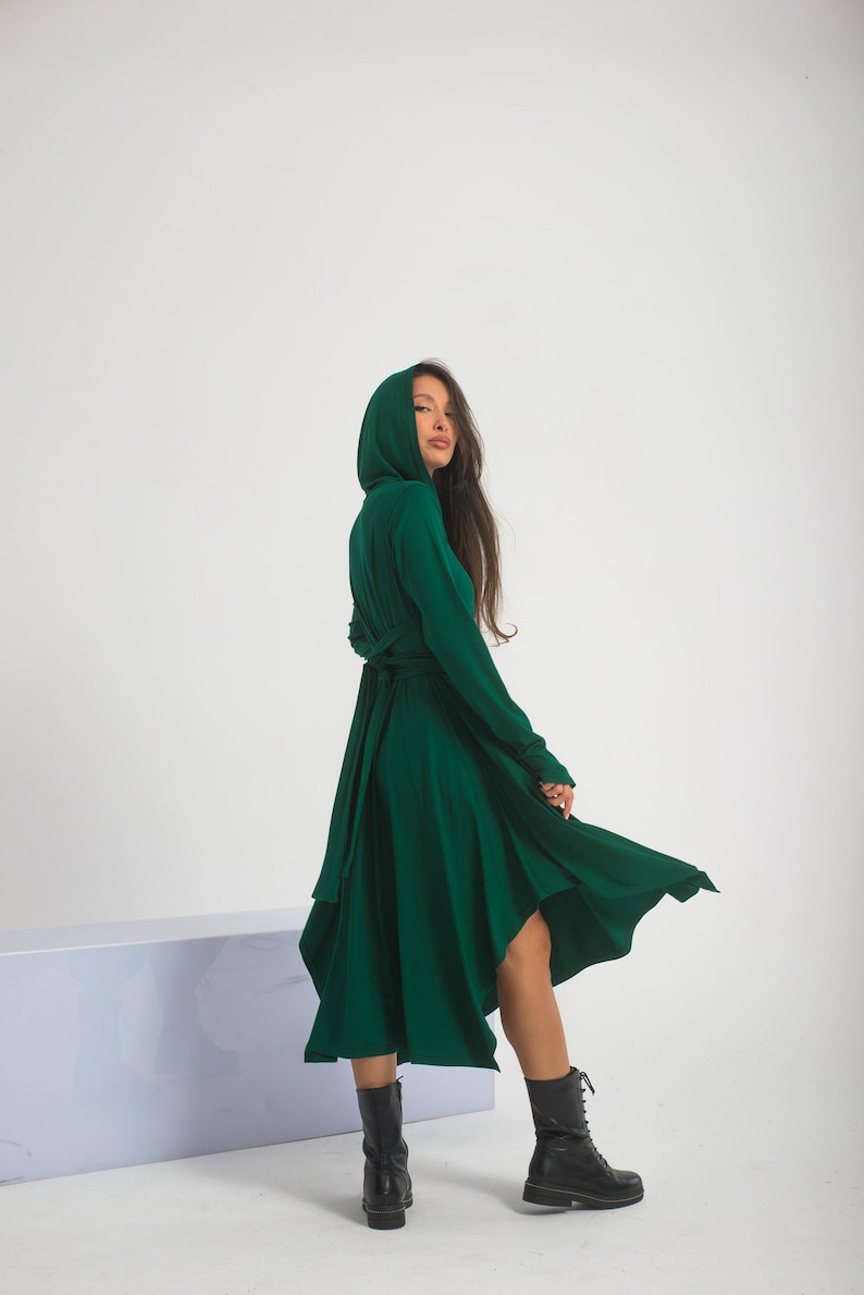 Green Hooded Dress Asymmetrical Wrap Dress Witch Autumn - Etsy