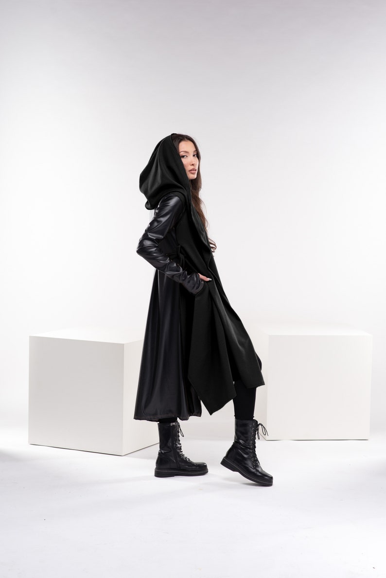 Black Leather Cape, Wool Cloak With Hood, Winter Sweater Coat, Plus ...