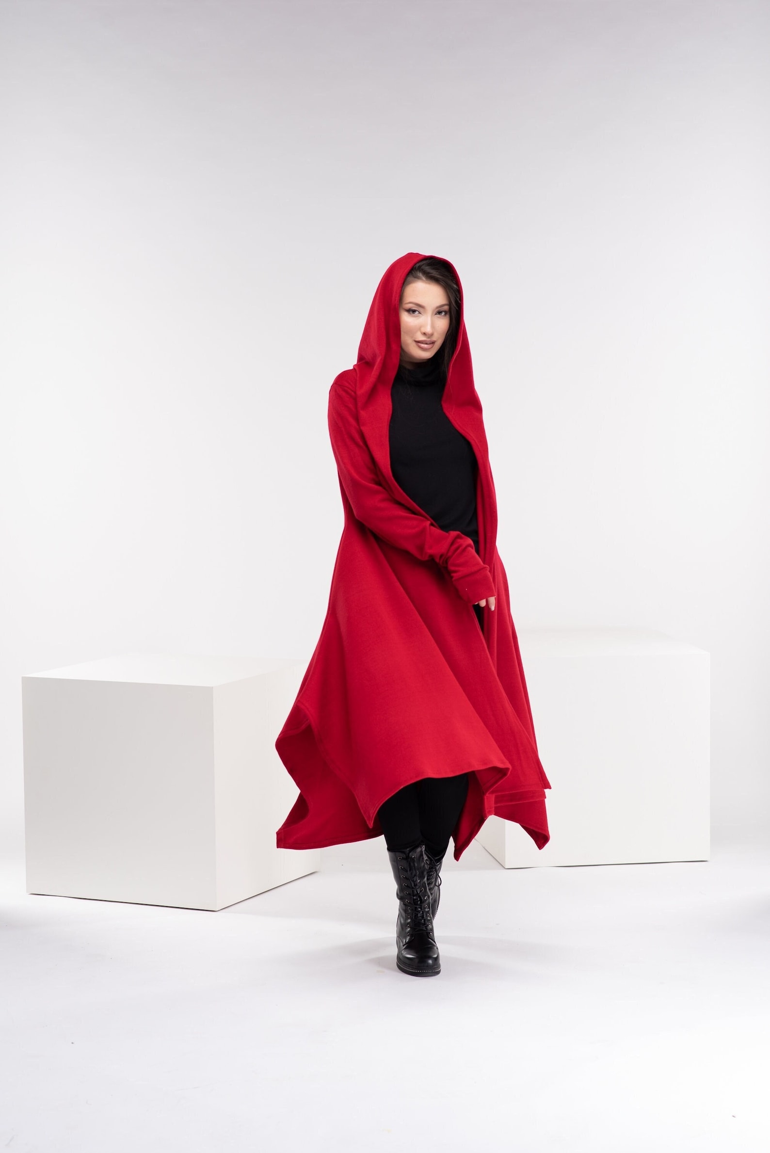 Long Red Cape Coat Winter Wool Cloak Cyberpunk Hoodie - Etsy