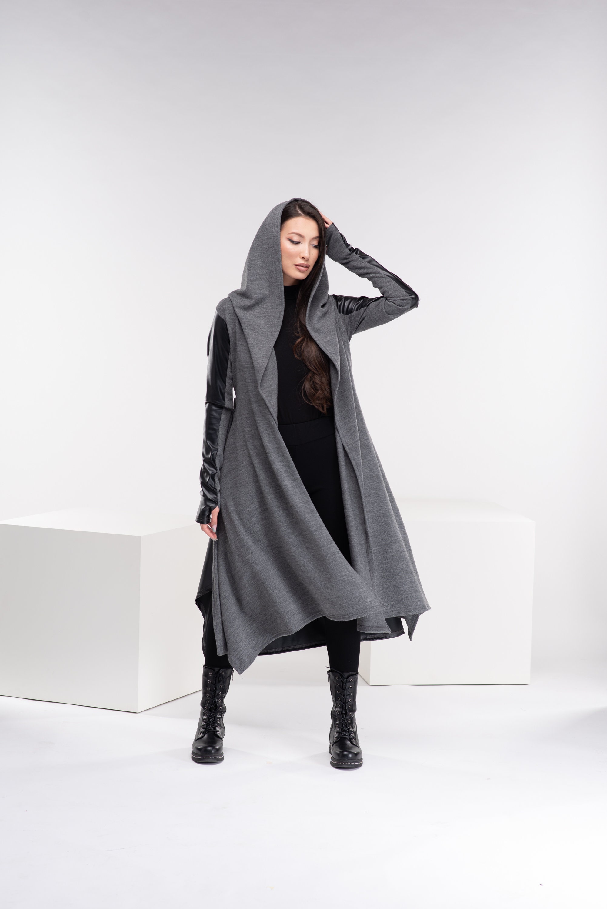 Wool Leather Cloak, Long Womens Cape, Long Sweater Coat, Hooded Gray ...