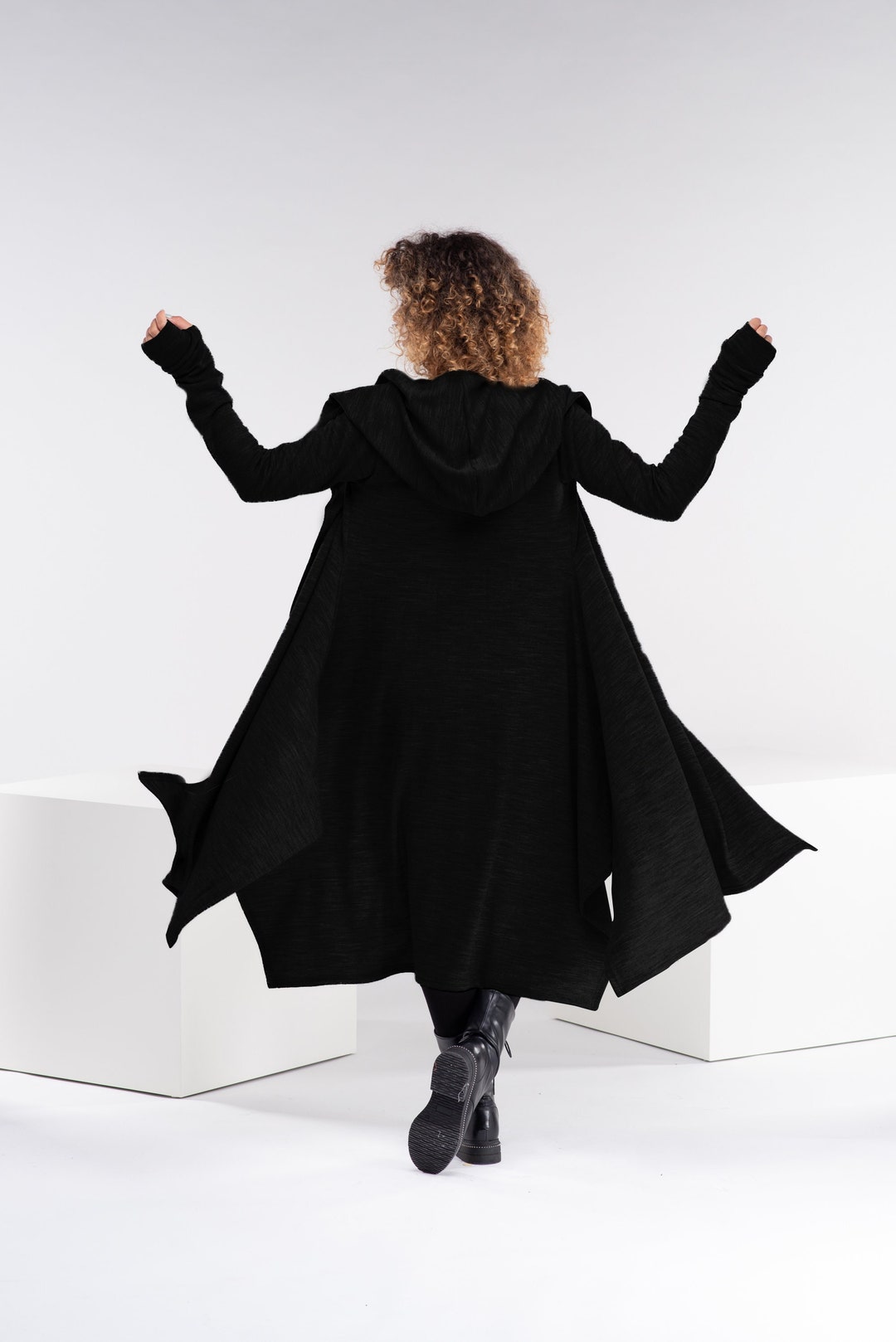 Black Witch Cloak, Open Cardigan Women, Gothic Cloak With Hood, Wool ...