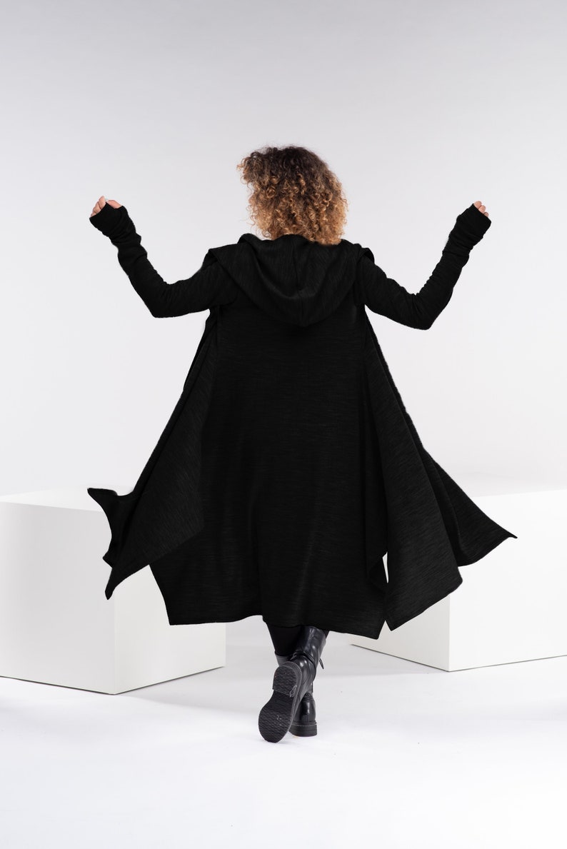 Black Witch Cloak, Open Cardigan Women, Gothic Cloak With Hood, Wool ...