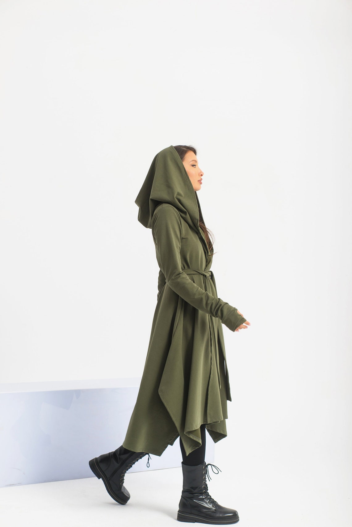 Hooded Green Cloak, Long Cyberpunk Hoodie, Asymmetrical Swing Coat ...