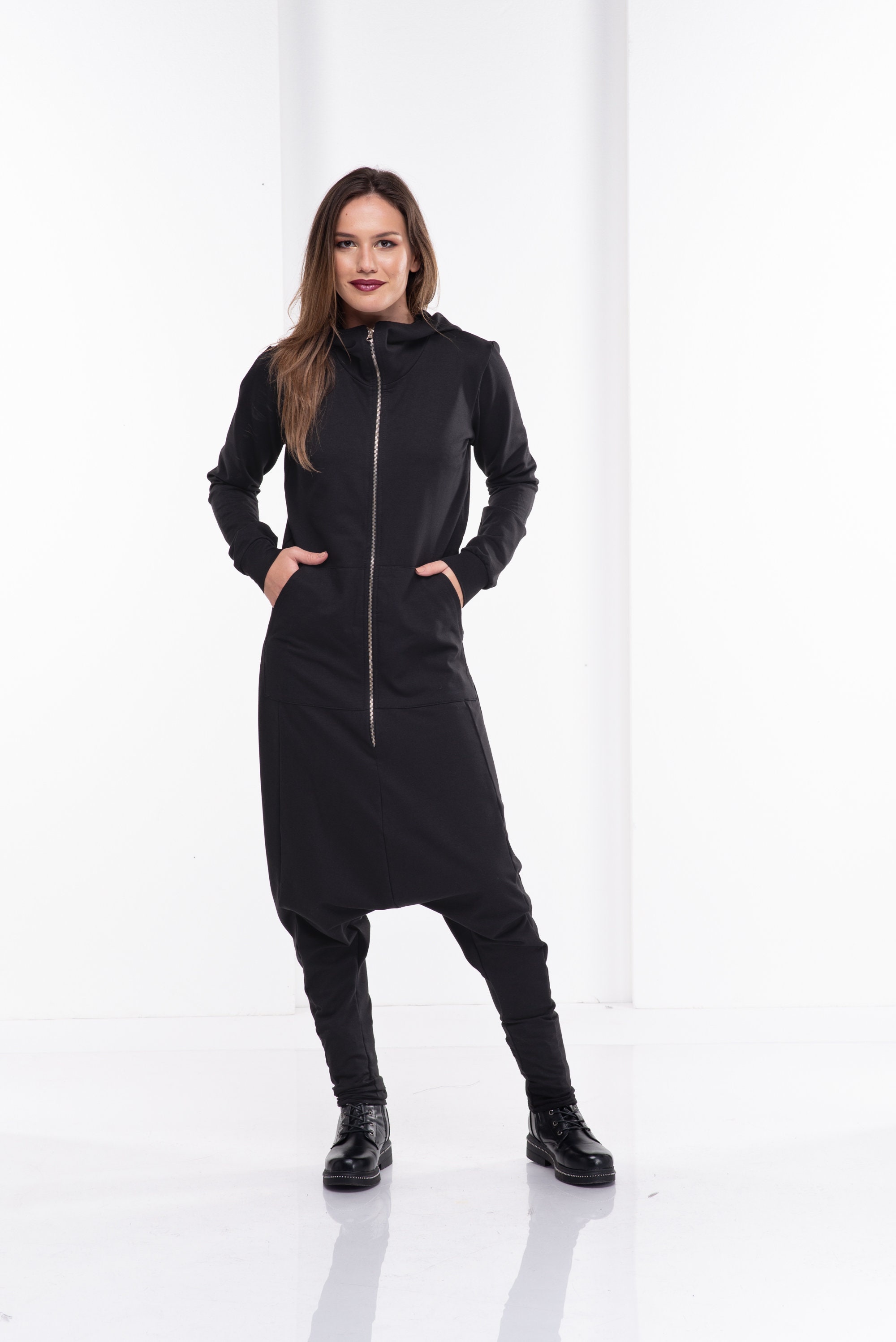 Black Cotton Jumpsuit Women Hooded Harem Jumpsuit Plus Size | Etsy