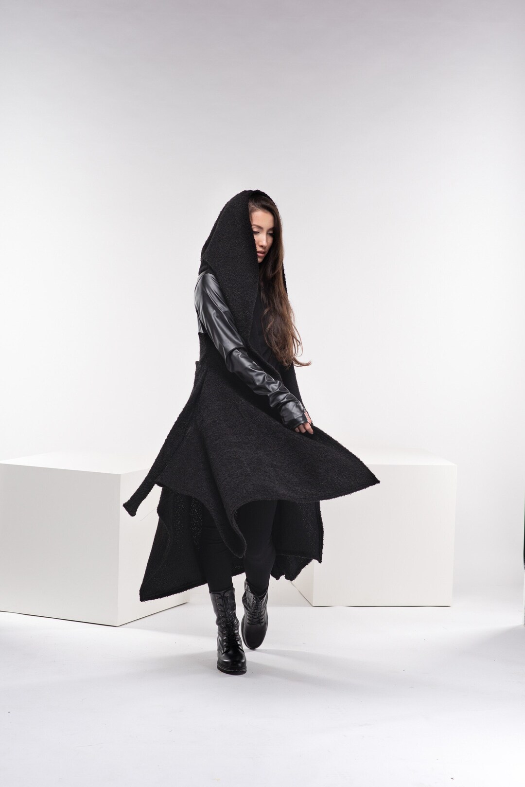Black Winter Cloak, Asymmetrical Wool Cape Coat, Hooded Fantasy Cloak ...