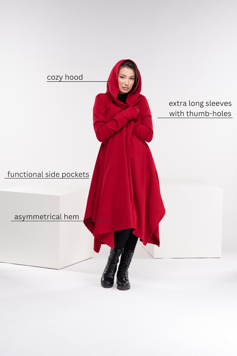 Long Red Cape Coat, Winter Wool Cloak, Cyberpunk Hoodie Cardigan, Knit ...