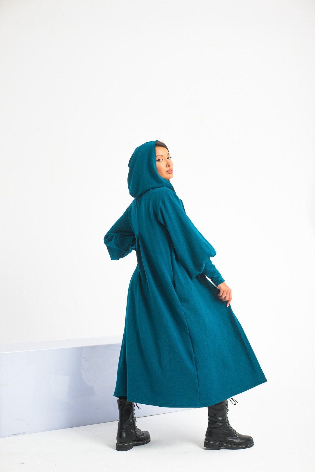 Long Hooded Cardigan, Puff Sleeve Cape Coat, Viking Hood Wool Cape ...