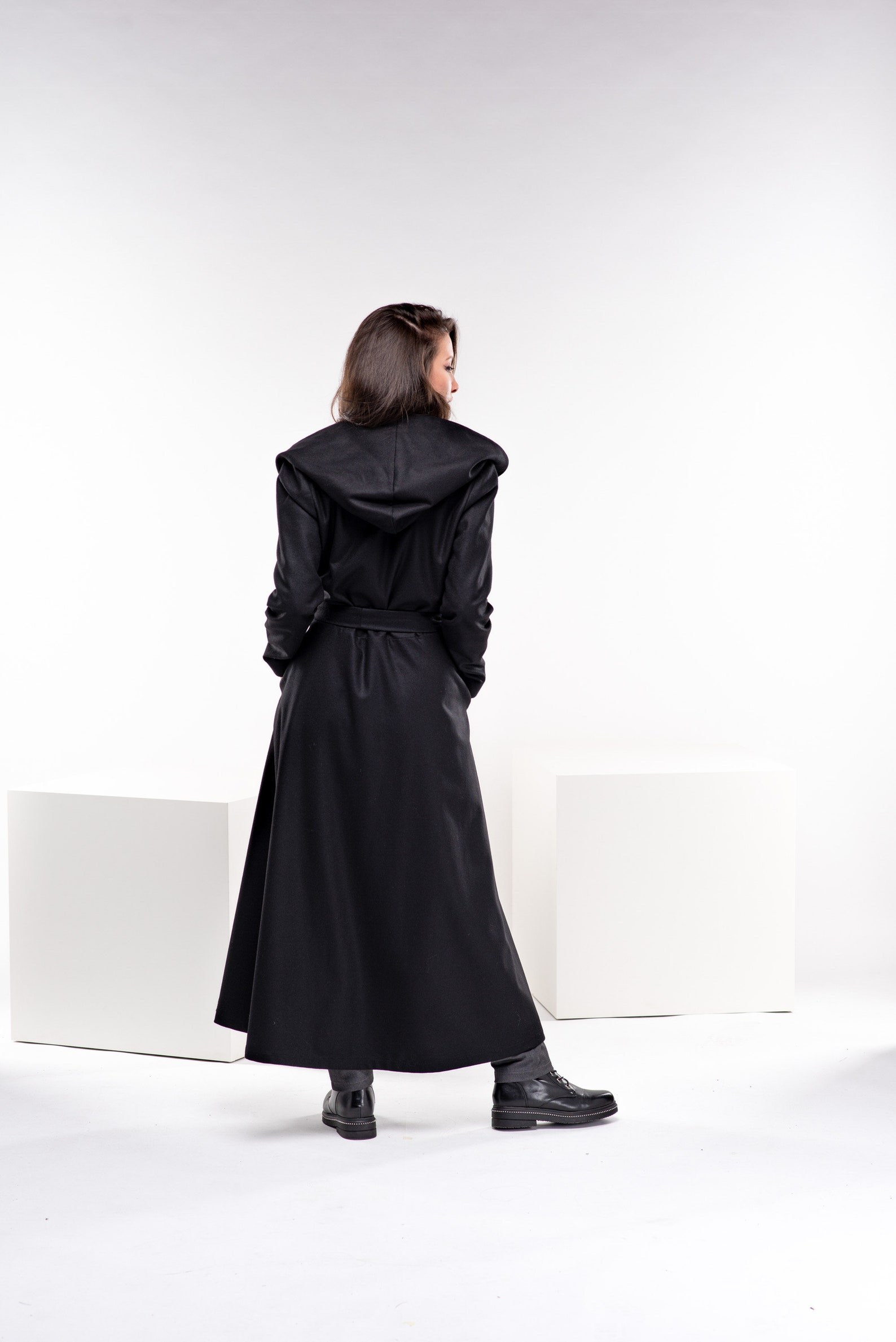 Winter Princess Coat, Hooded Swing Coat, Edwardian Coat, Black Wool ...