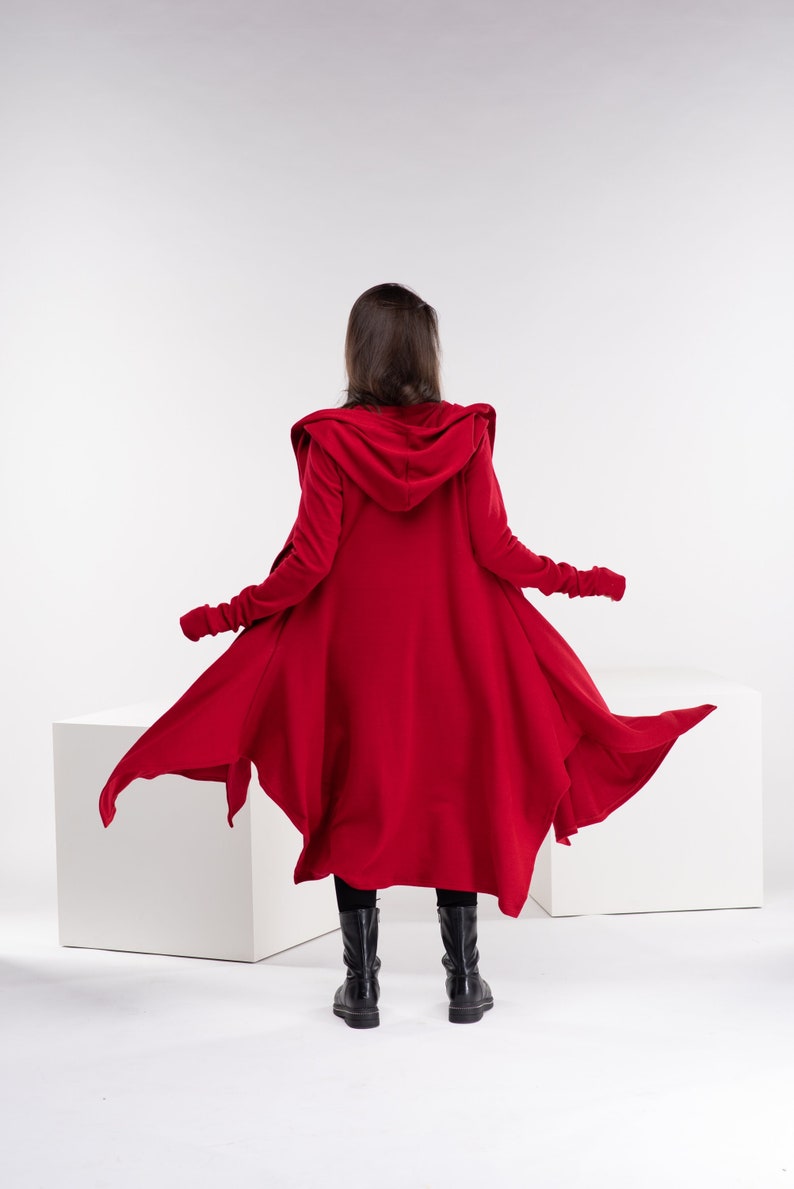 Long Red Cape Coat, Winter Wool Cloak, Cyberpunk Hoodie Cardigan, Knit ...