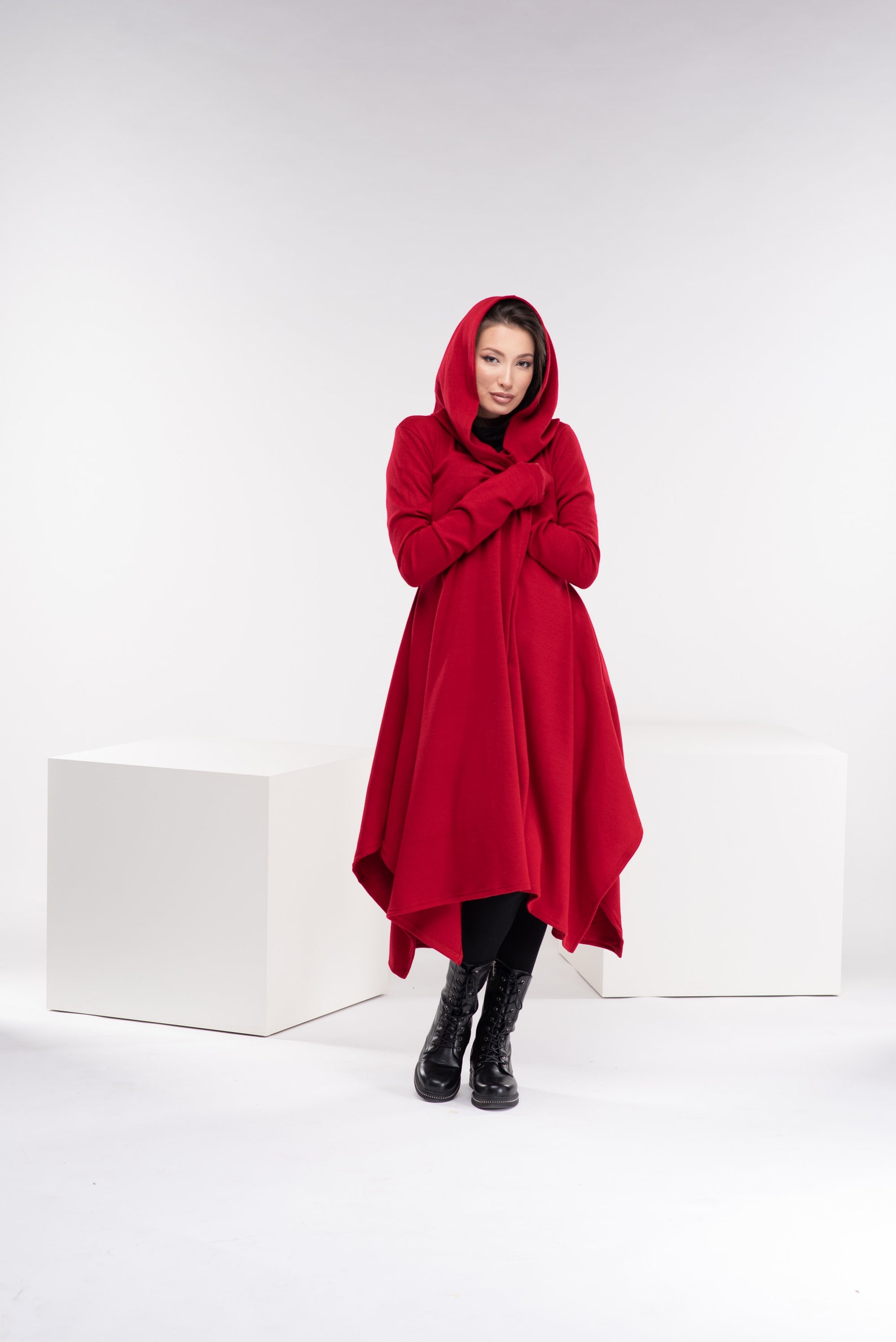 Long Red Cape Coat Winter Wool Cloak Cyberpunk Hoodie - Etsy