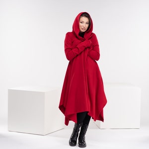Long Red Cape Coat, Winter Wool Cloak, Cyberpunk Hoodie Cardigan, Knit ...