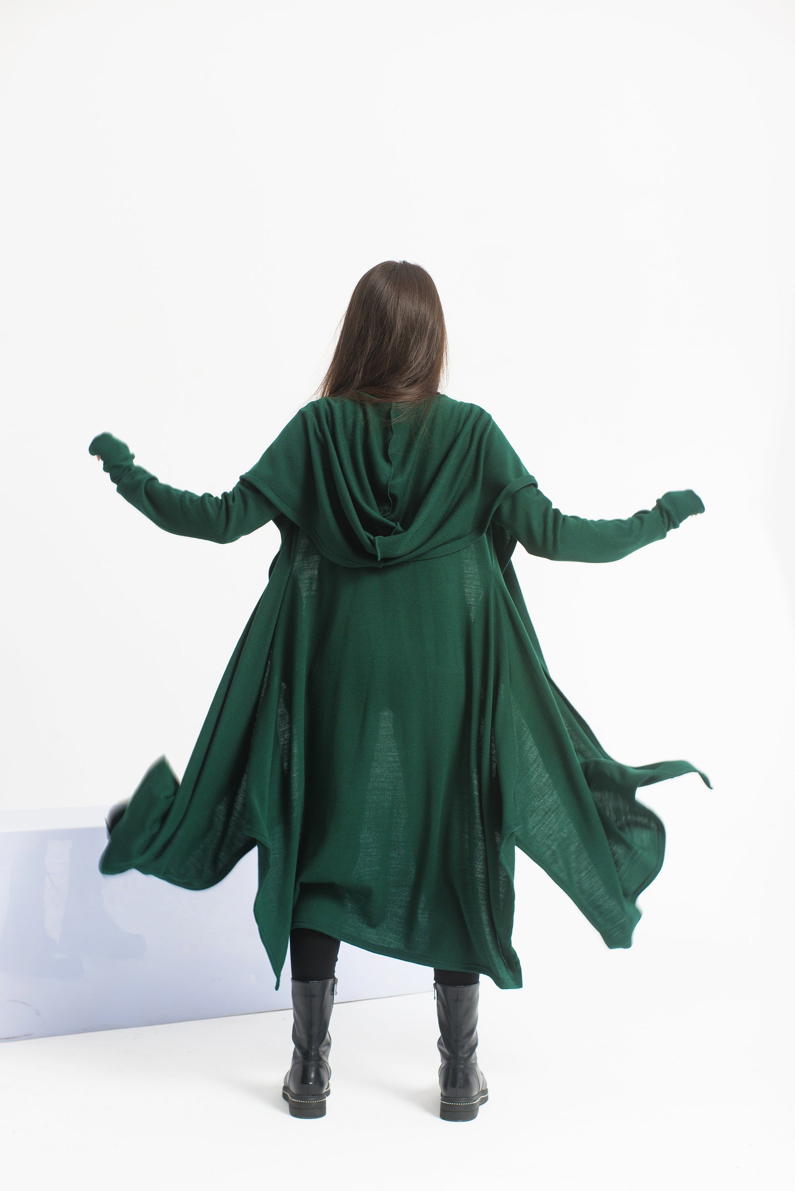 Green Witch Wool Cloak, Plus Size Wool Cape, Hooded Wizard Cloak, Long ...