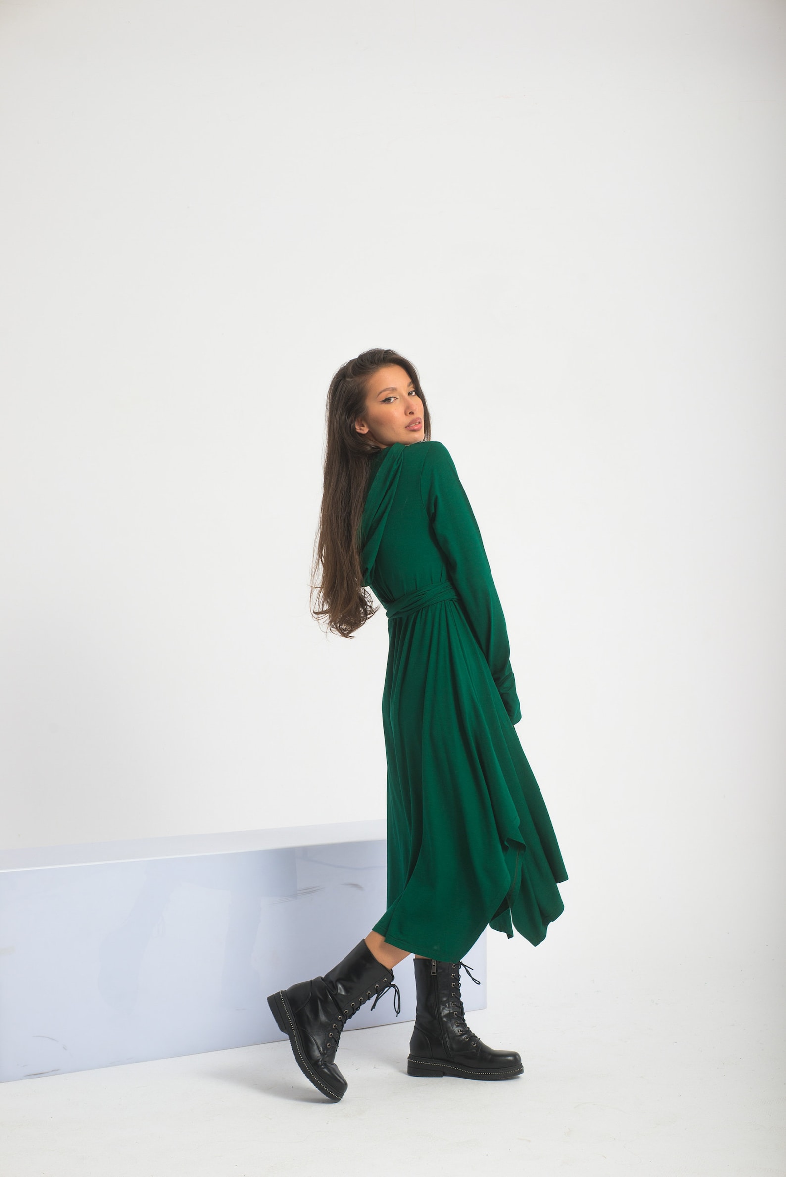 Green Hooded Dress, Asymmetrical Wrap Dress, Witch Autumn Dress, Plus ...