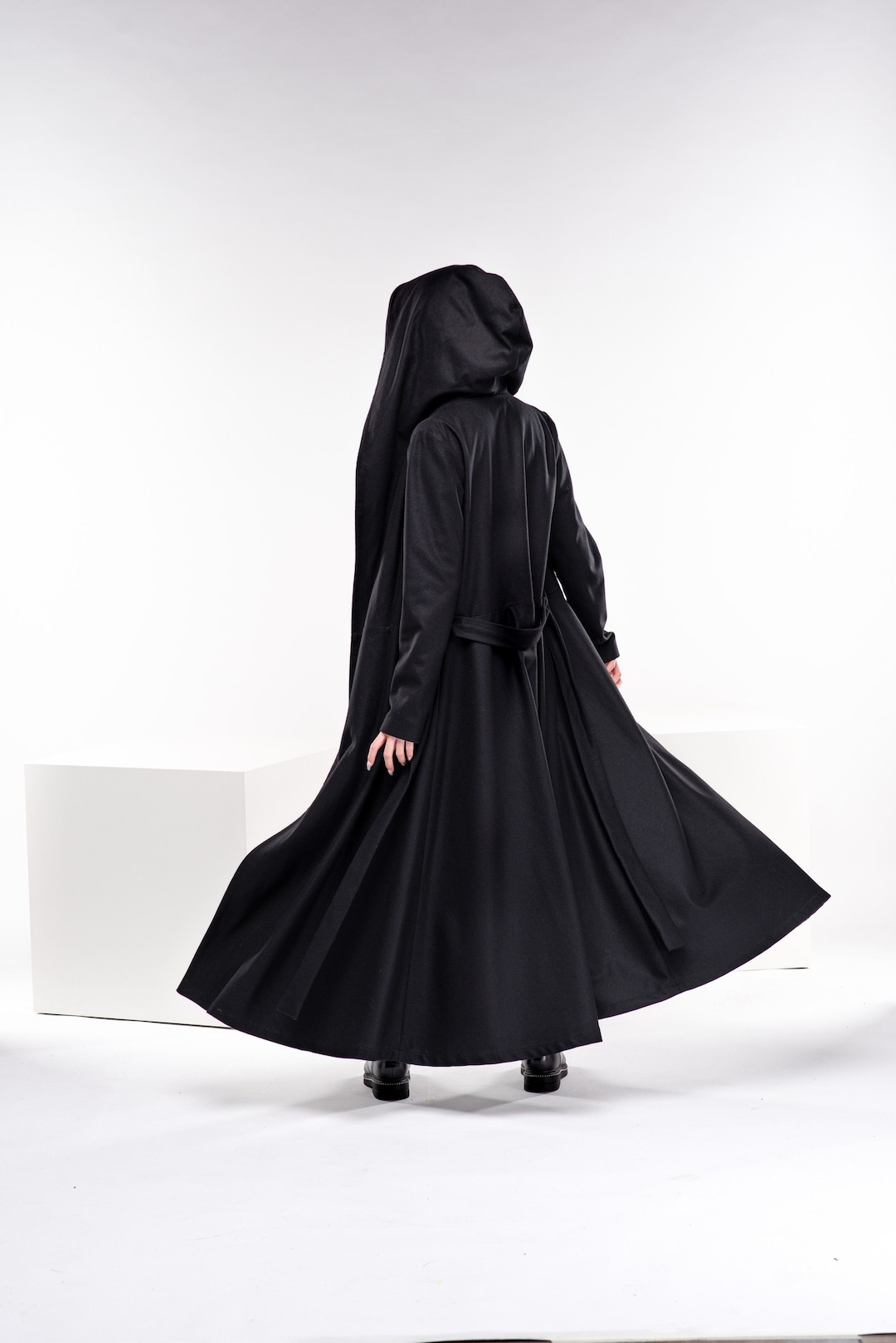 Winter Princess Coat, Hooded Swing Coat, Edwardian Coat, Black Wool ...