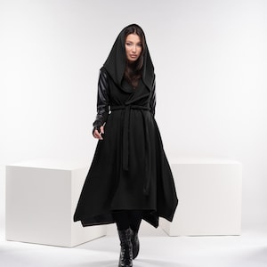 Black Leather Cape, Wool Cloak With Hood, Winter Sweater Coat, Plus ...