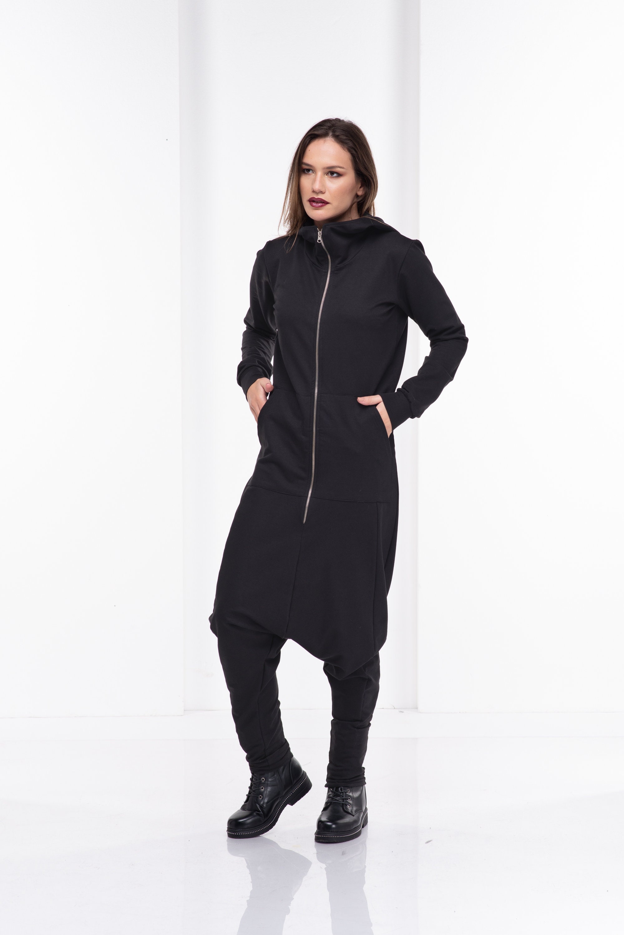 Black Cotton Jumpsuit Women Hooded Harem Jumpsuit Plus Size - Etsy