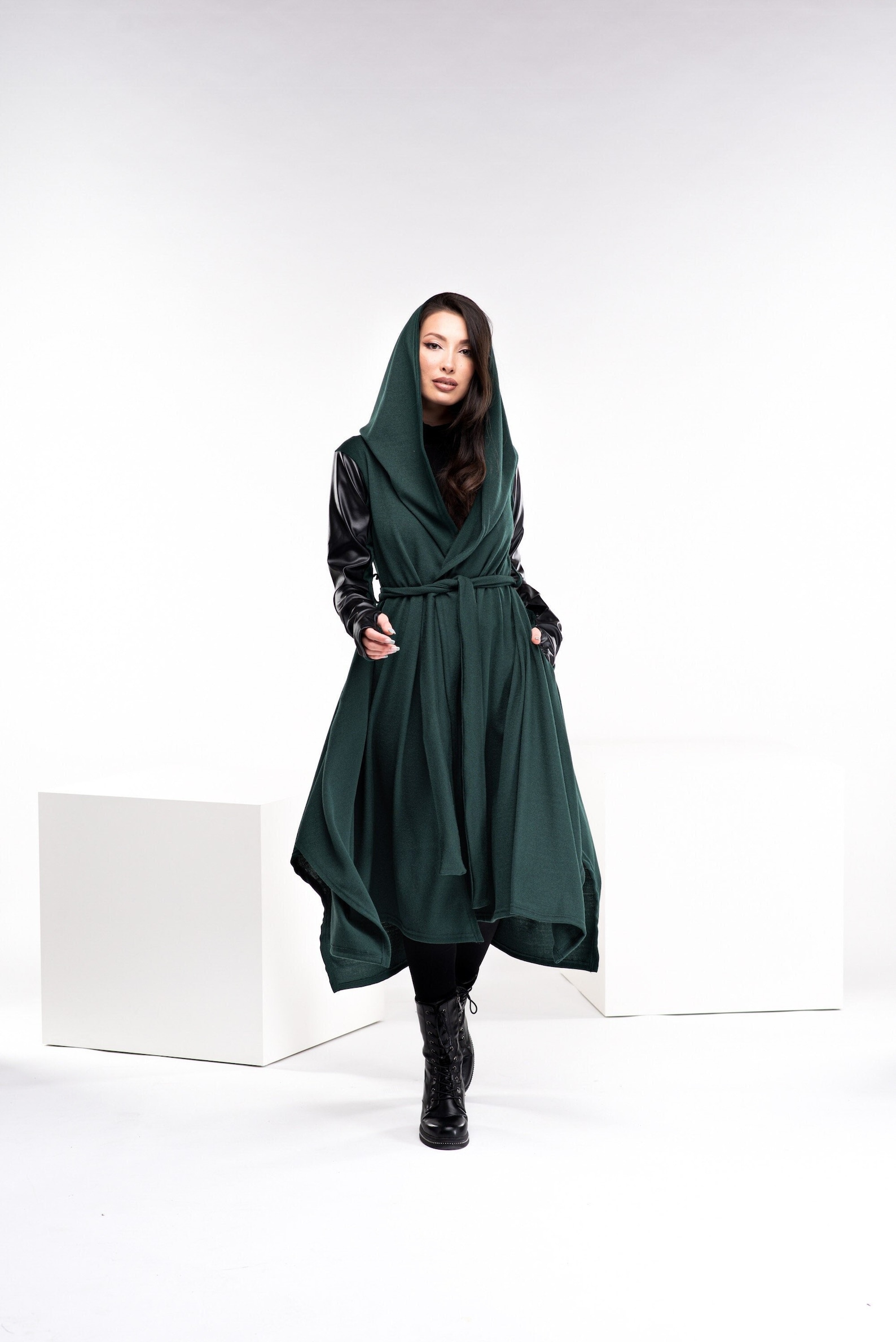 Witch Green Cloak, Hooded Wizard Cloak, Wool Leather Adult Cape, Long ...