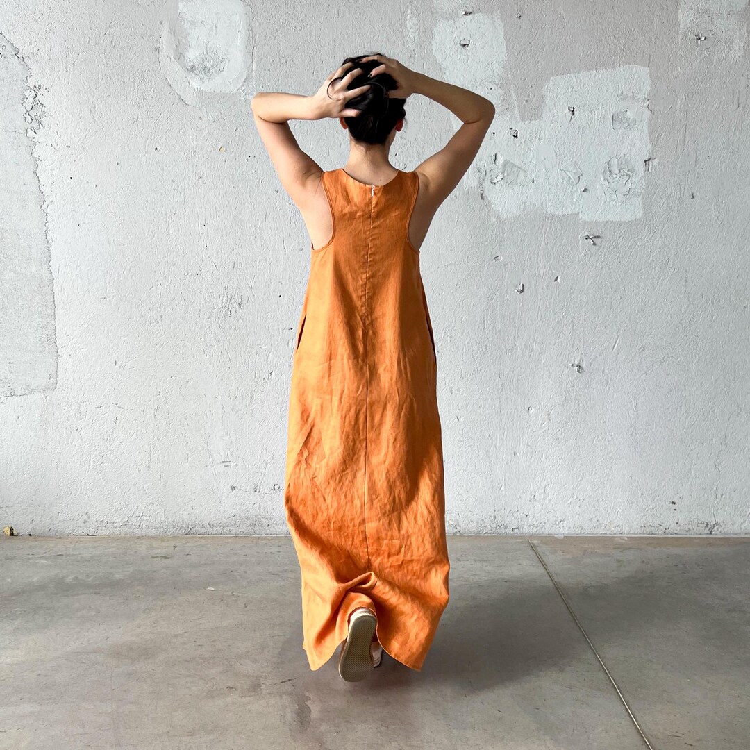 Linen Maxi Dress, Sleeveless Summer Dress, Orange Maxi Dress, Linen ...