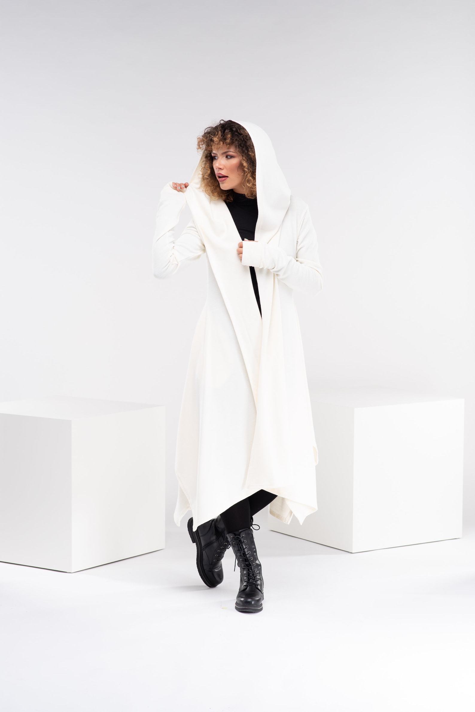 Wool Cloak With Hood, White Plus Size Cape, Hooded Winter Cardigan ...